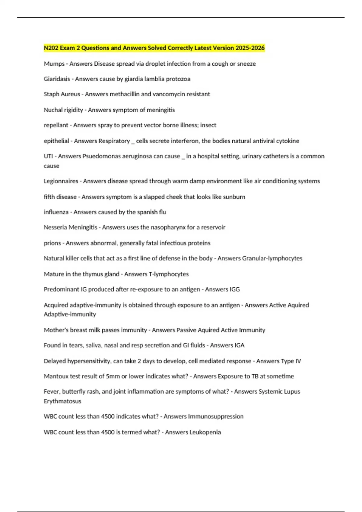 N202 Exam 2 Questions and Answers Solved Correctly Latest Version ...