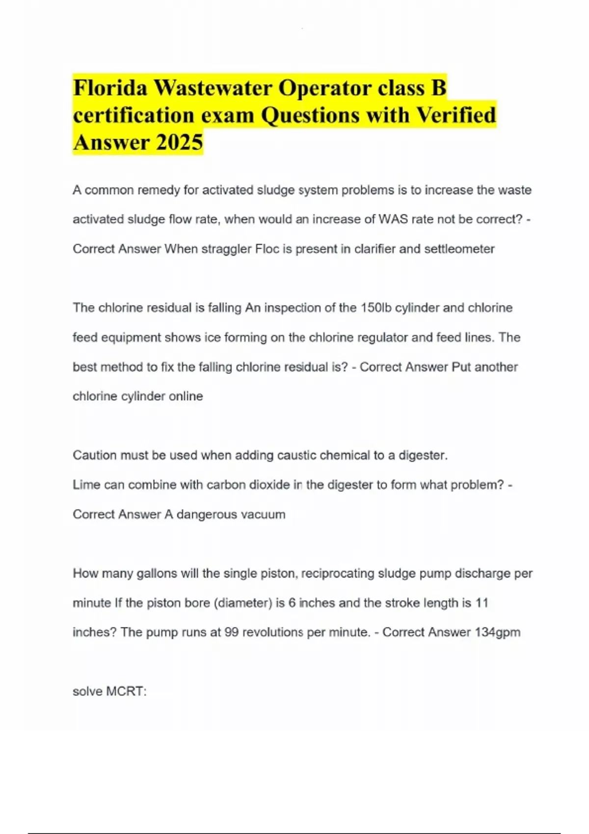 Florida Wastewater Operator class B certification exam Questions with ...