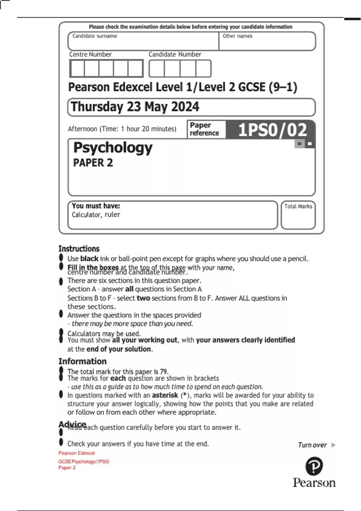 2024 Pearson Edexcel GCSE Psychology (1PS0) Paper 2 ACTUAL QUESTION ...