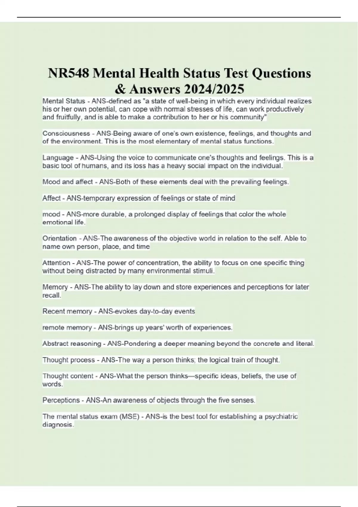 NR548 Mental Health Status Test Questions & Answers 2024/2025 - NR548 ...