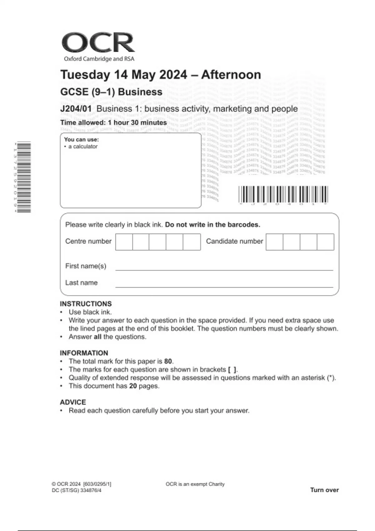 OCR GCSE Business J204/01 JUNE 2024 QUESTION PAPER: Business 1 ...
