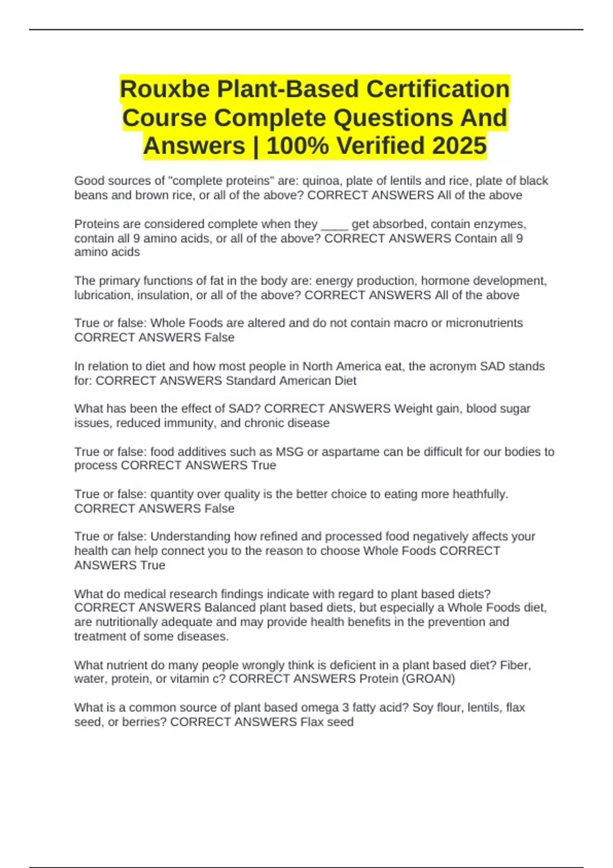 Rouxbe Plant-Based Certification Course Complete Questions And Answers ...