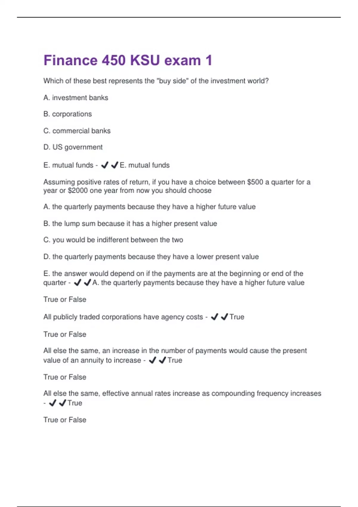 Finance 450 KSU exam 1 Questions And Answers Verified 100% Correct ...