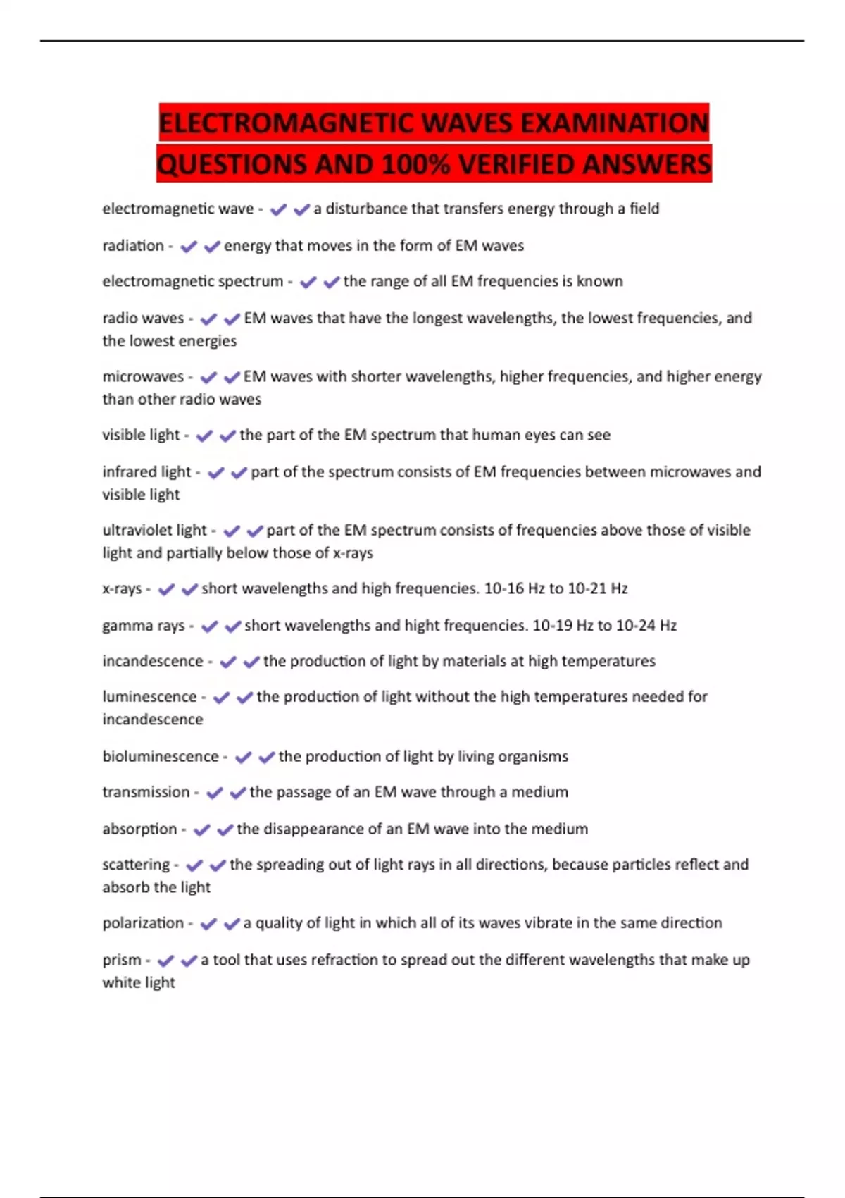 ELECTROMAGNETIC WAVES EXAMINATION QUESTIONS AND 100% VERIFIED ANSWERS ...