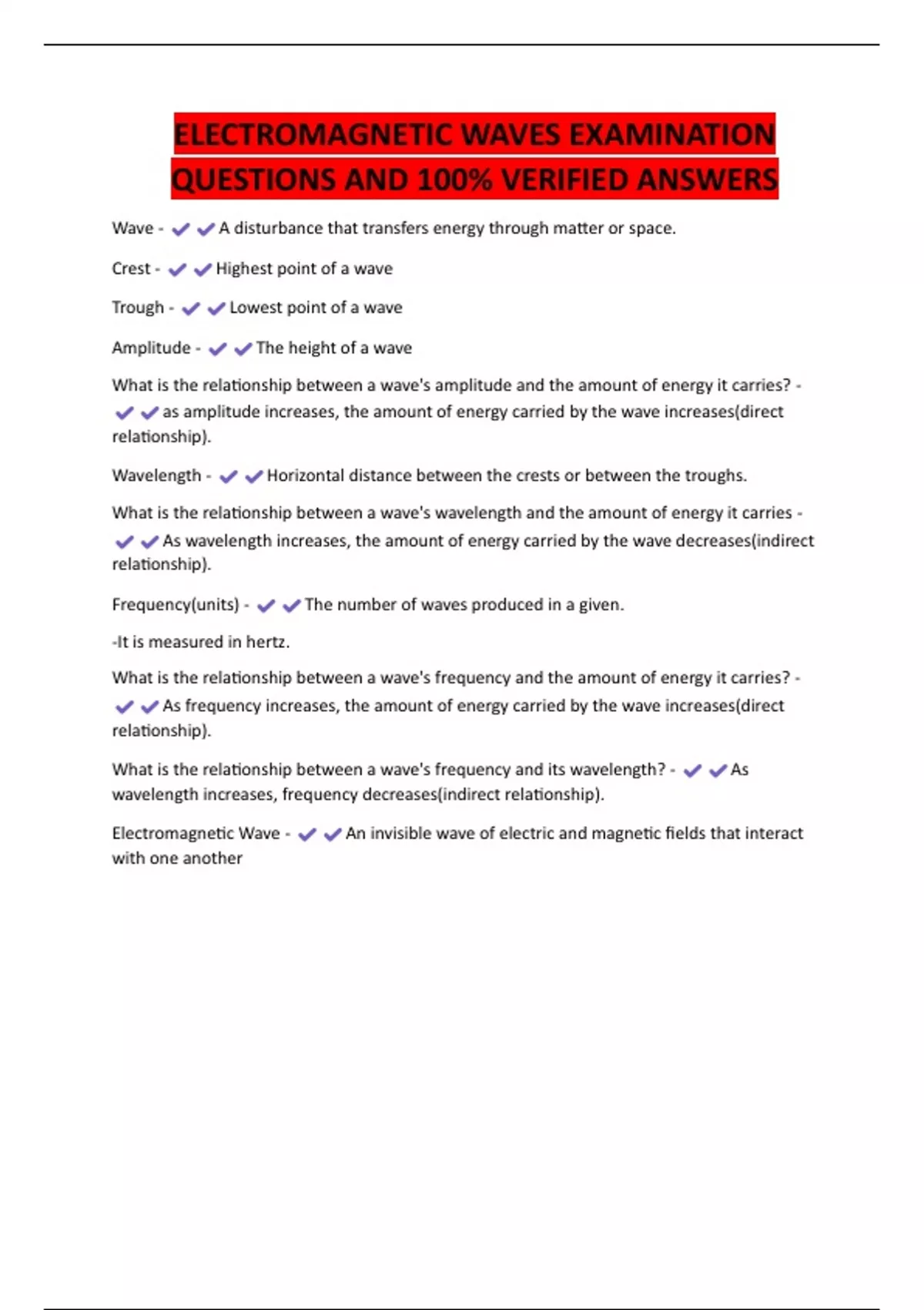 ELECTROMAGNETIC WAVES EXAMINATION QUESTIONS AND 100% VERIFIED ANSWERS ...