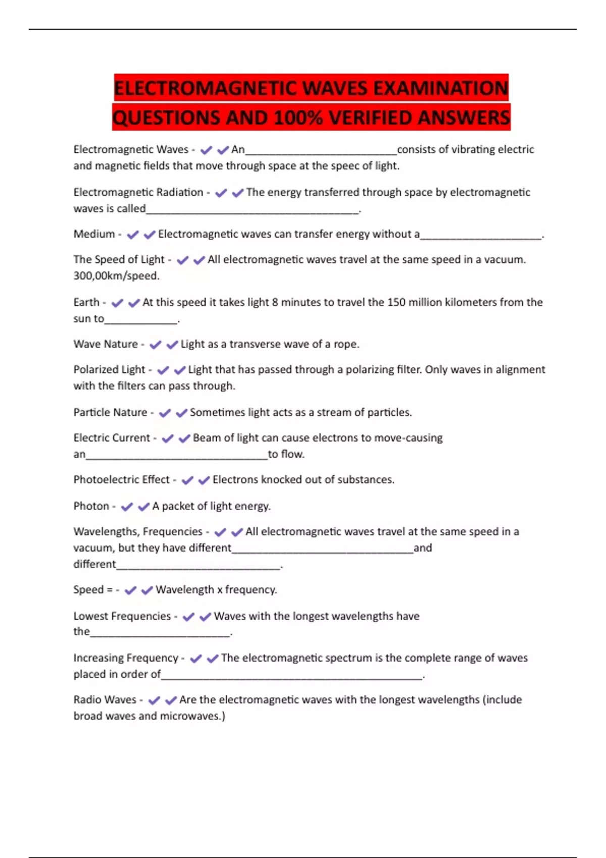 ELECTROMAGNETIC WAVES EXAMINATION QUESTIONS AND 100% VERIFIED ANSWERS ...