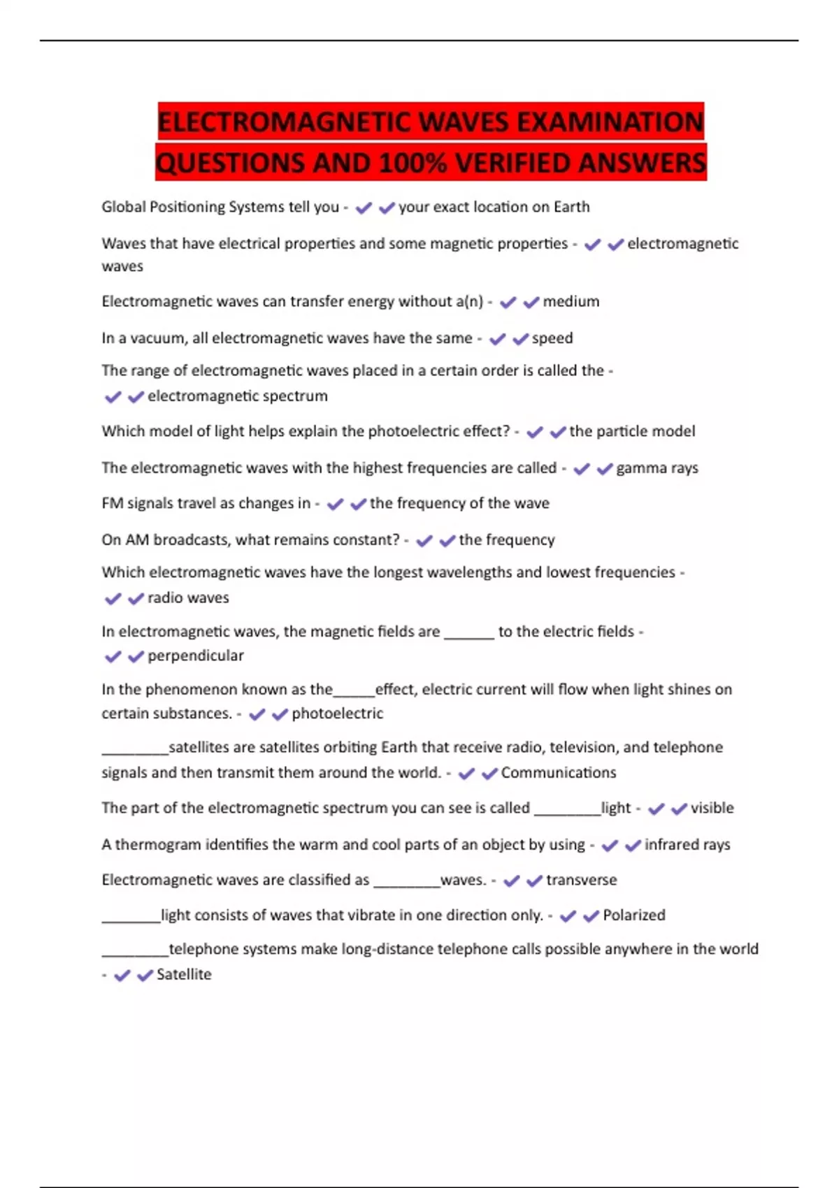 ELECTROMAGNETIC WAVES EXAMINATION QUESTIONS AND 100% VERIFIED ANSWERS ...