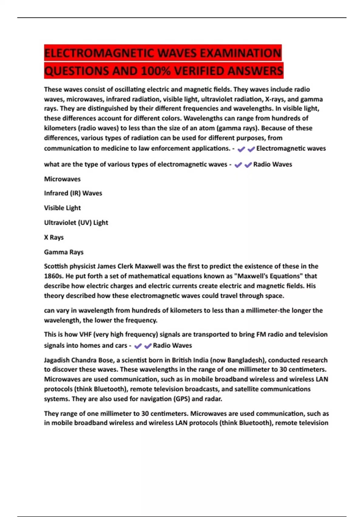 ELECTROMAGNETIC WAVES EXAMINATION QUESTIONS AND 100% VERIFIED ANSWERS ...
