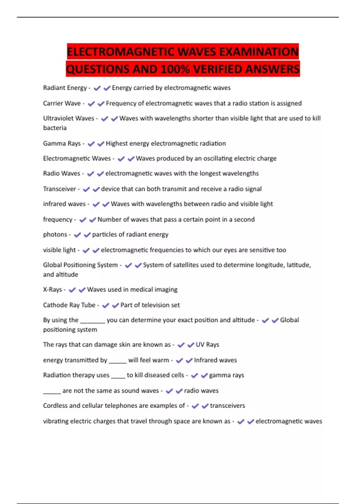 ELECTROMAGNETIC WAVES EXAMINATION QUESTIONS AND 100% VERIFIED ANSWERS ...