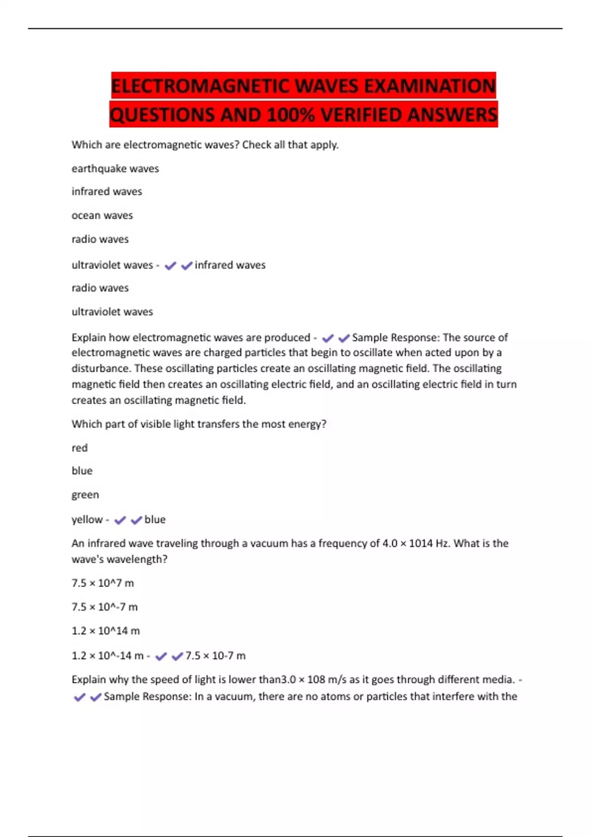 ELECTROMAGNETIC WAVES EXAMINATION QUESTIONS AND 100% VERIFIED ANSWERS ...