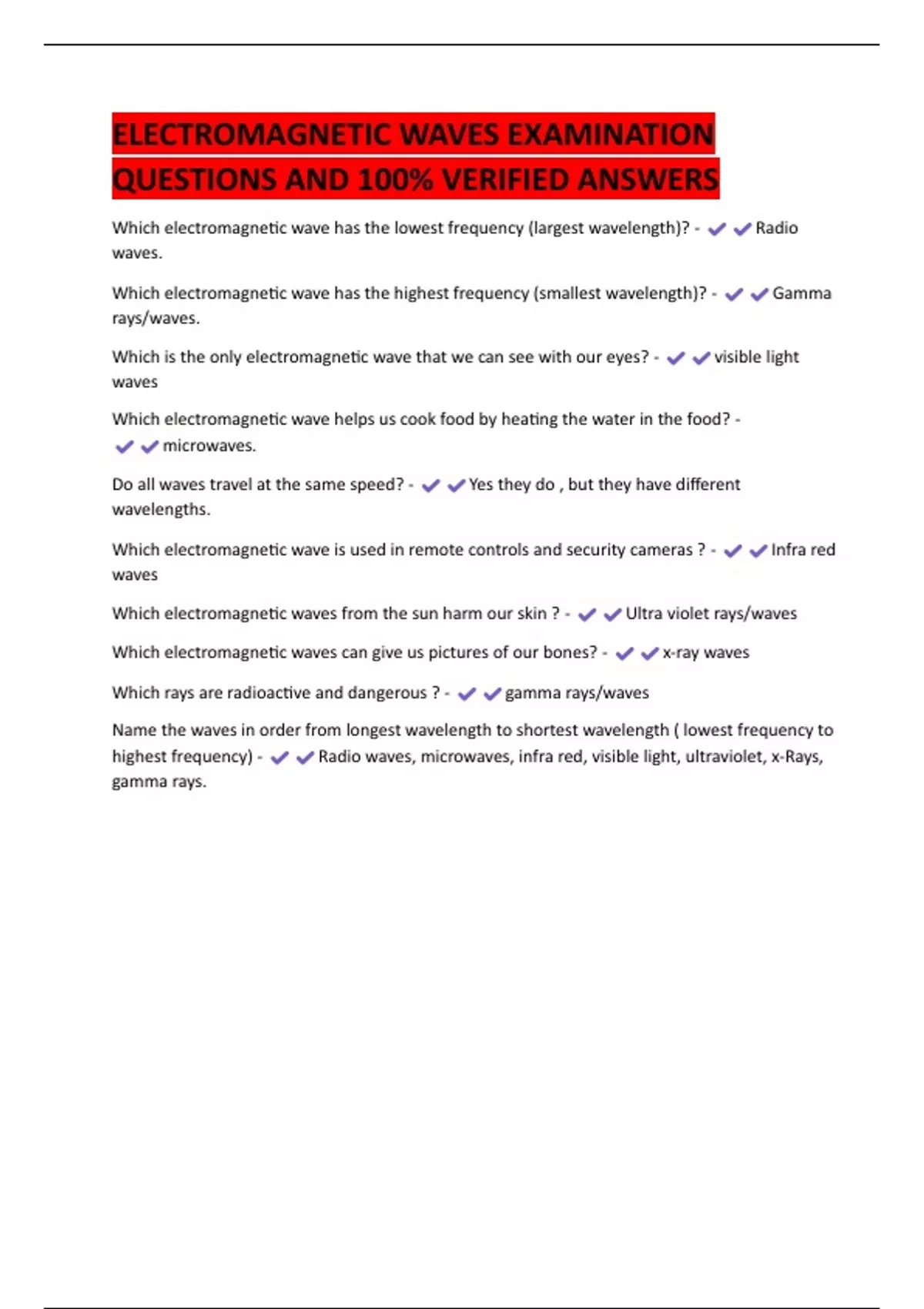 ELECTROMAGNETIC WAVES EXAMINATION QUESTIONS AND 100% VERIFIED ANSWERS ...