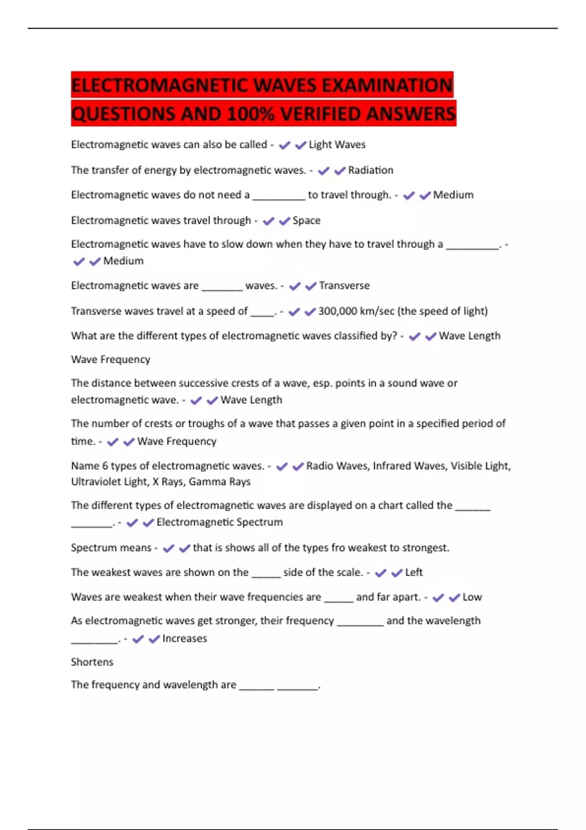 ELECTROMAGNETIC WAVES EXAMINATION QUESTIONS AND 100% VERIFIED ANSWERS ...