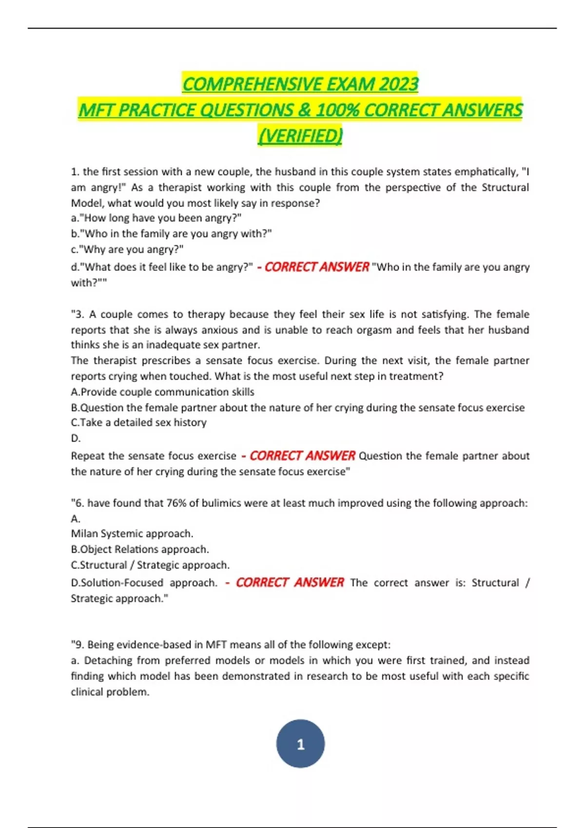 COMPREHENSIVE EXAM 2023 MFT PRACTICE QUESTIONS & 100% CORRECT ANSWERS ...