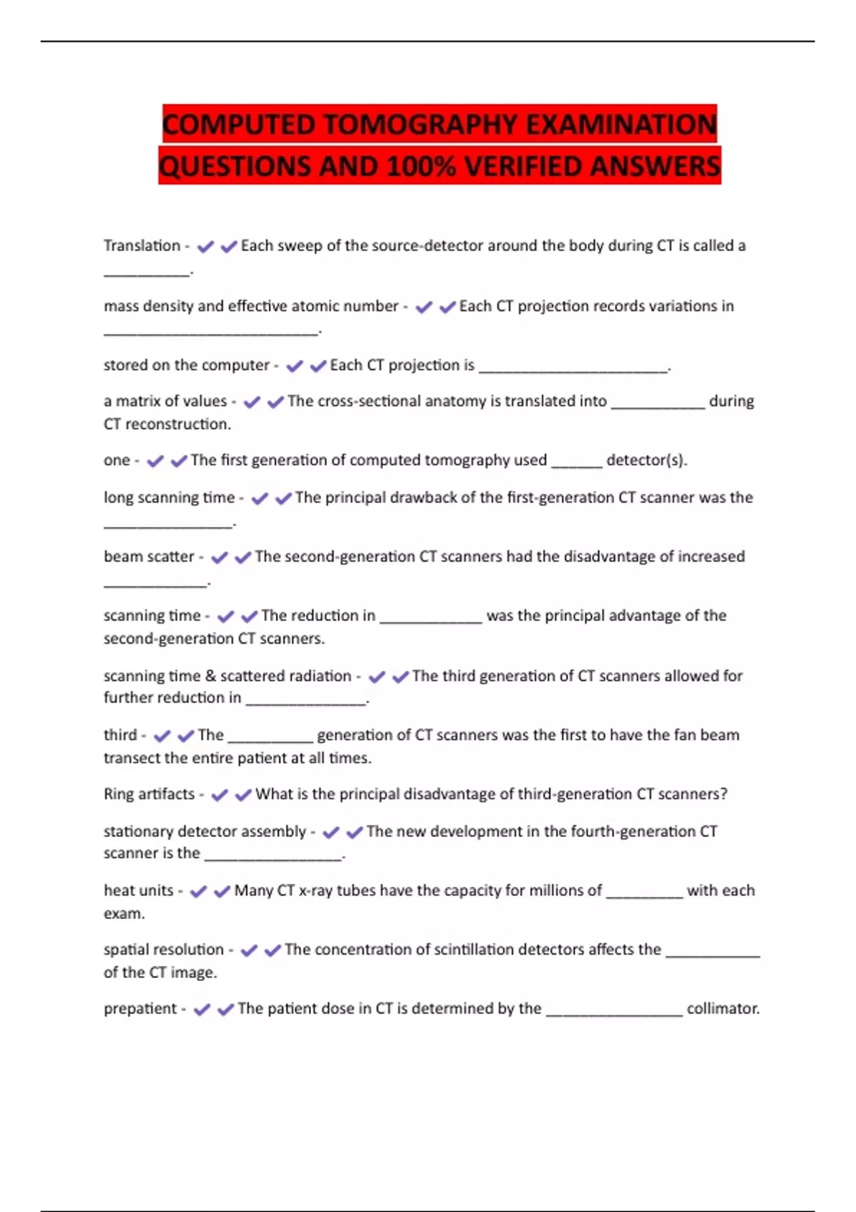 COMPUTED TOMOGRAPHY EXAMINATION QUESTIONS AND 100% VERIFIED ANSWERS ...