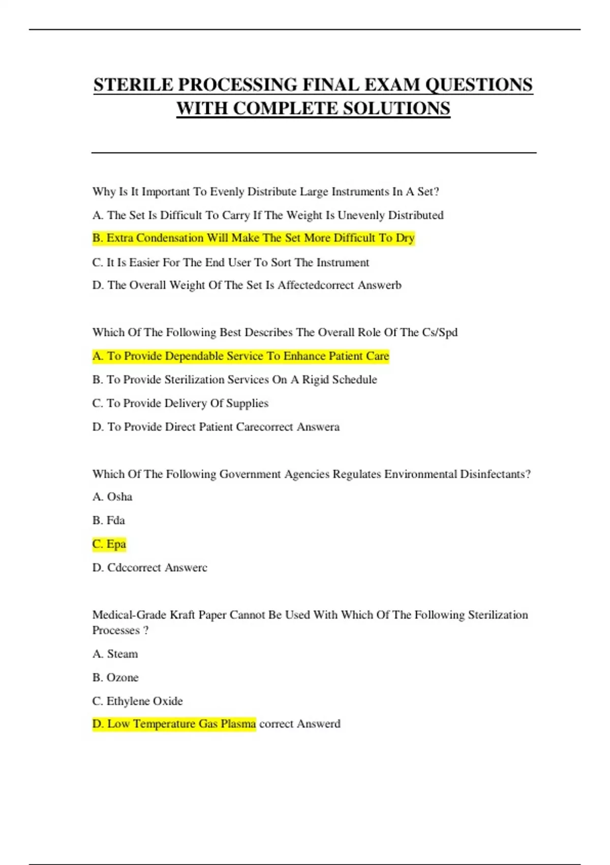 STERILE PROCESSING FINAL EXAM QUESTIONS WITH COMPLETE SOLUTIONS - STERILE PROCESSING - Stuvia US