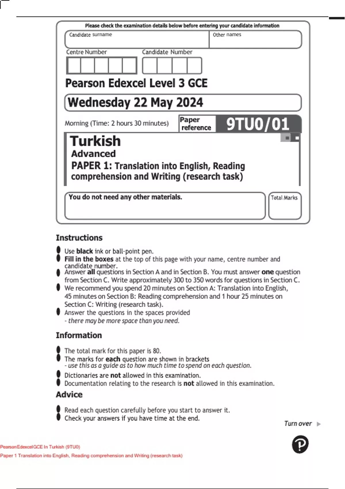2024 Pearson Edexcel GCE In Turkish (9TU0) Paper 1 Translation into ...