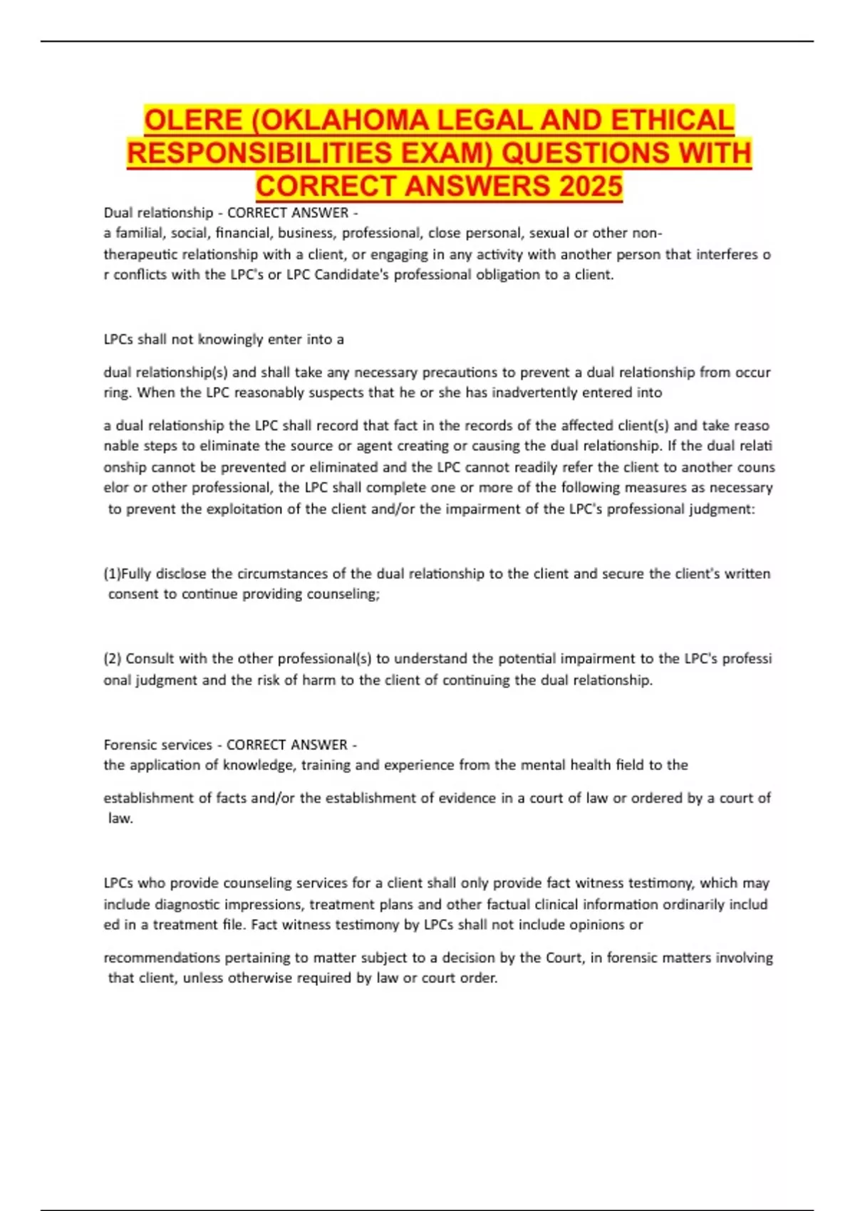 OLERE (OKLAHOMA LEGAL AND ETHICAL RESPONSIBILITIES EXAM) QUESTIONS WITH ...