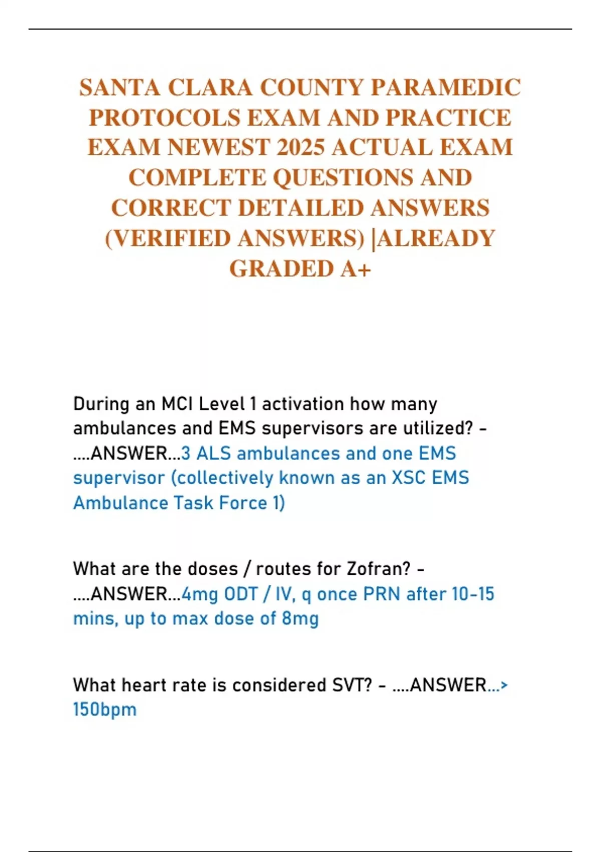 SANTA CLARA COUNTY PARAMEDIC PROTOCOLS EXAM AND PRACTICE EXAM NEWEST ...