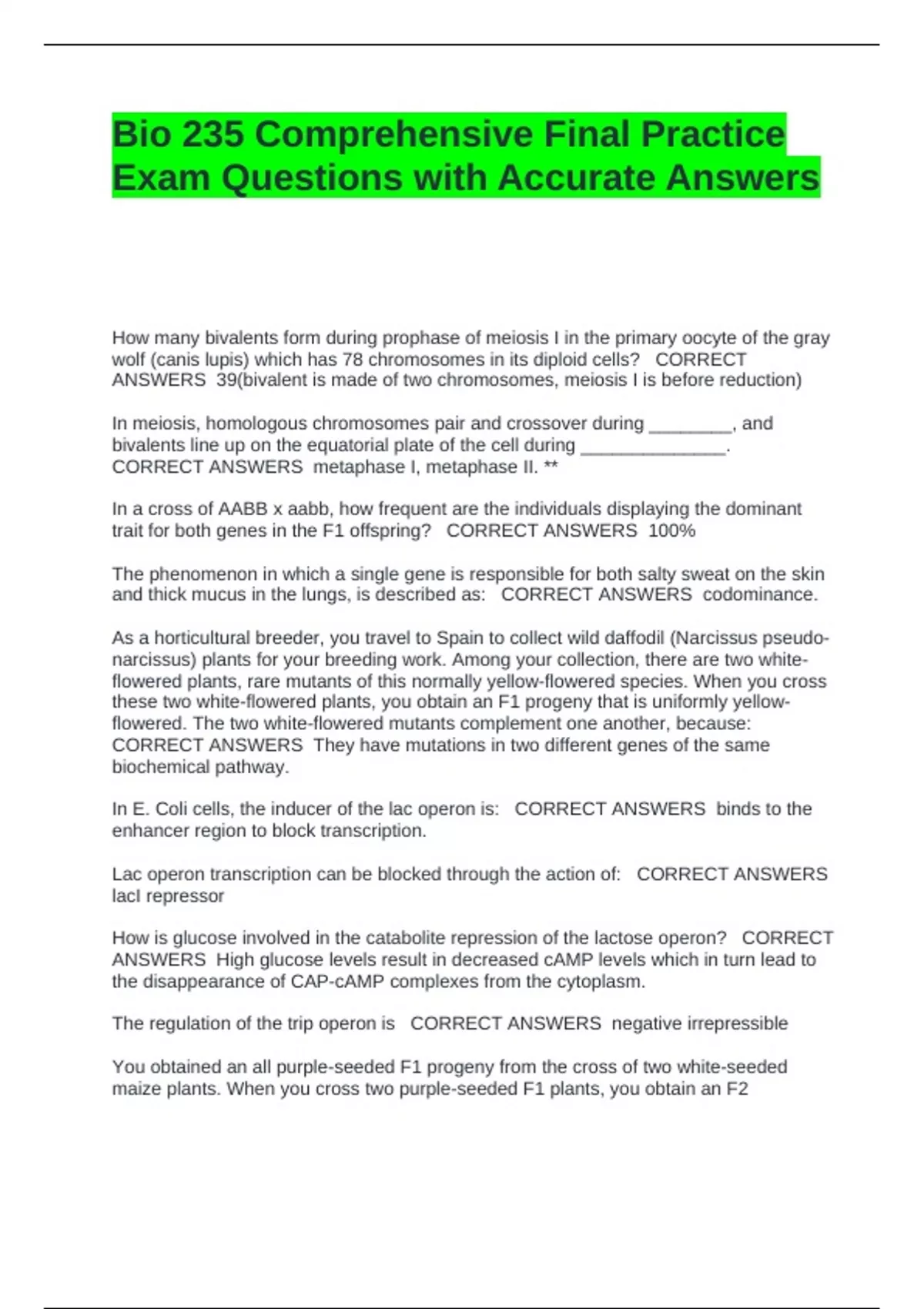 Bio 235 Comprehensive Final Practice Exam Questions with Accurate ...