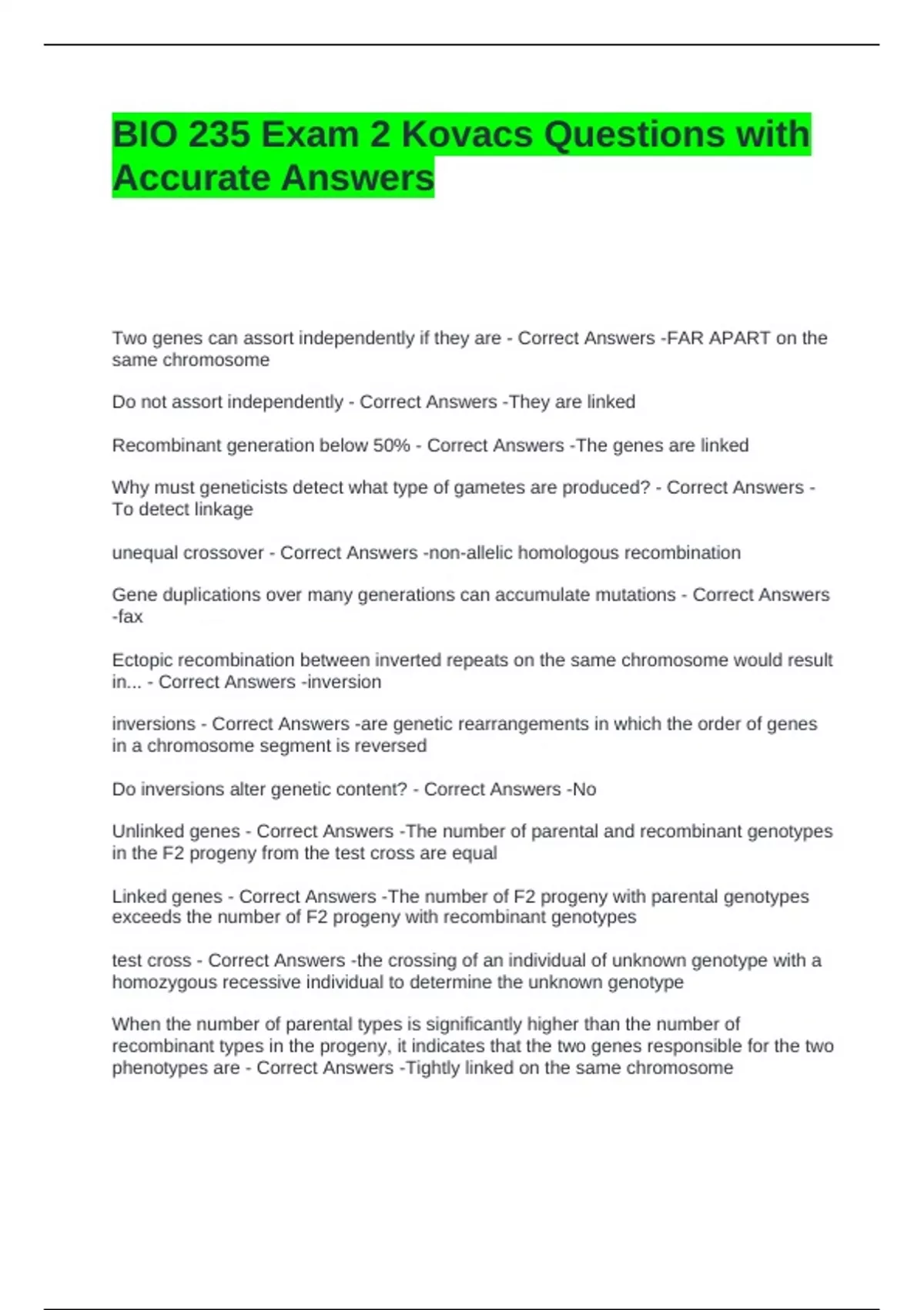 BIO 235 Exam 2 Kovacs Questions with Accurate Answers - Bio 235 - Stuvia US