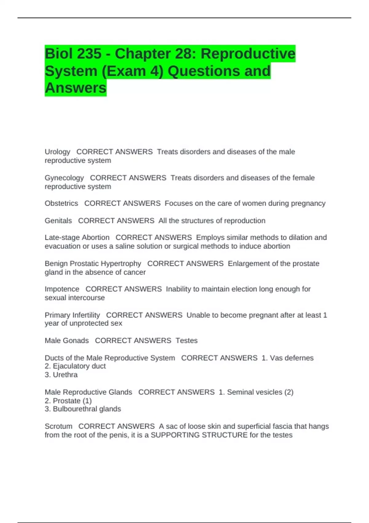 Biol 235 - Chapter 28 Reproductive System (Exam 4) Questions and ...