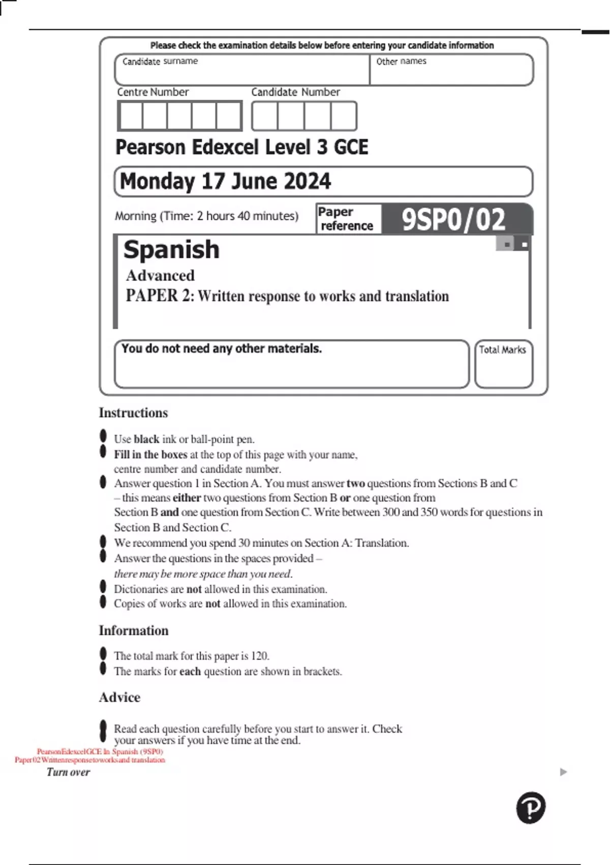 2024 Pearson Edexcel GCE In Spanish (9SP0) Paper 02 Written response to ...