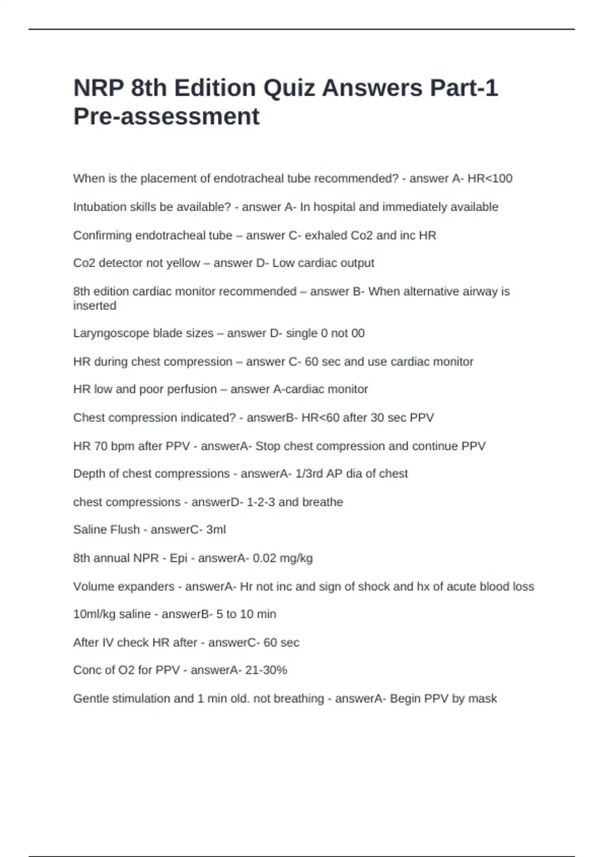 NRP 8th Edition Quiz Answers Part-1 Pre-assessment Questions and ...