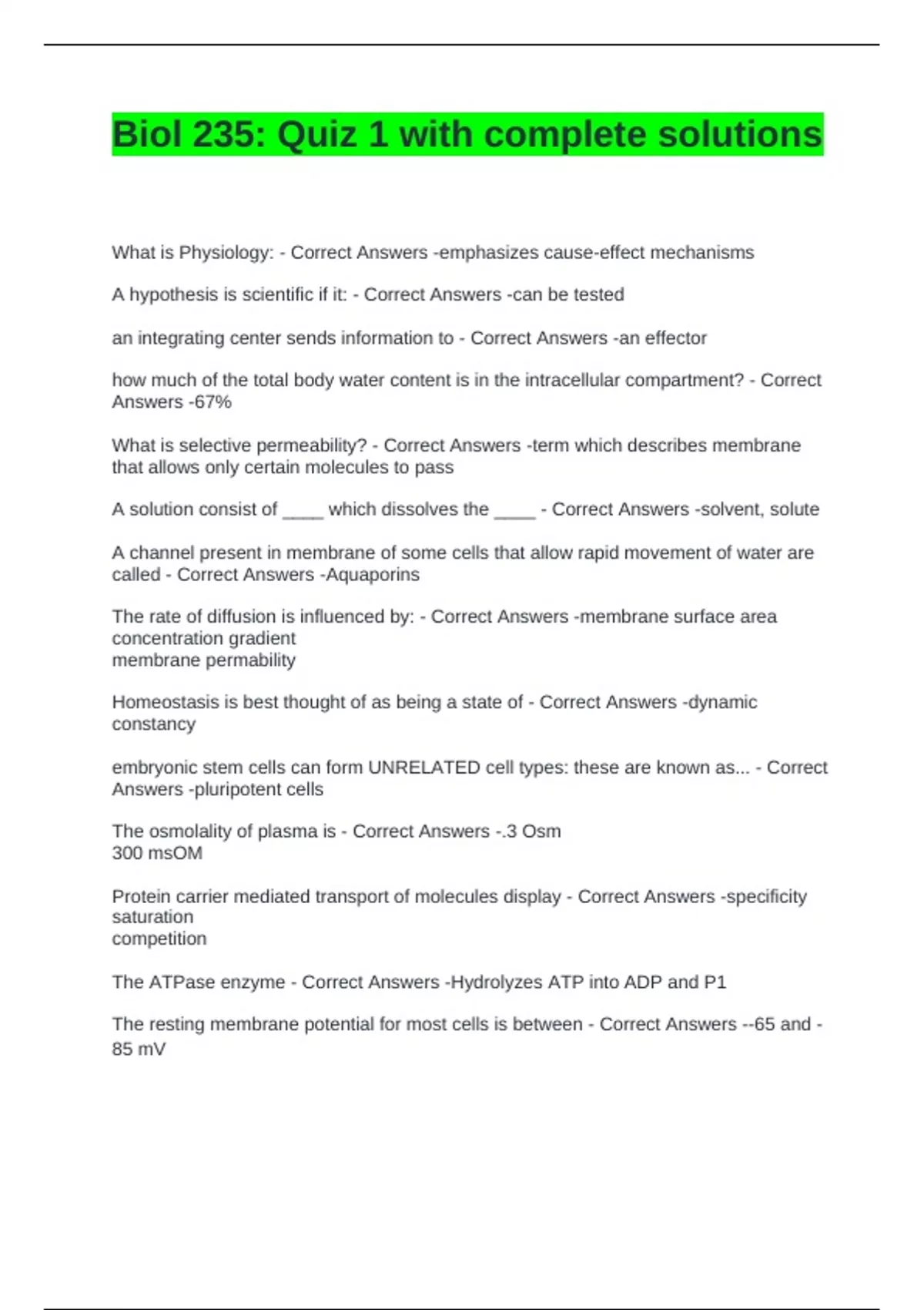 Biol 235 Quiz 1 with complete solutions - Biol 235 - Stuvia US