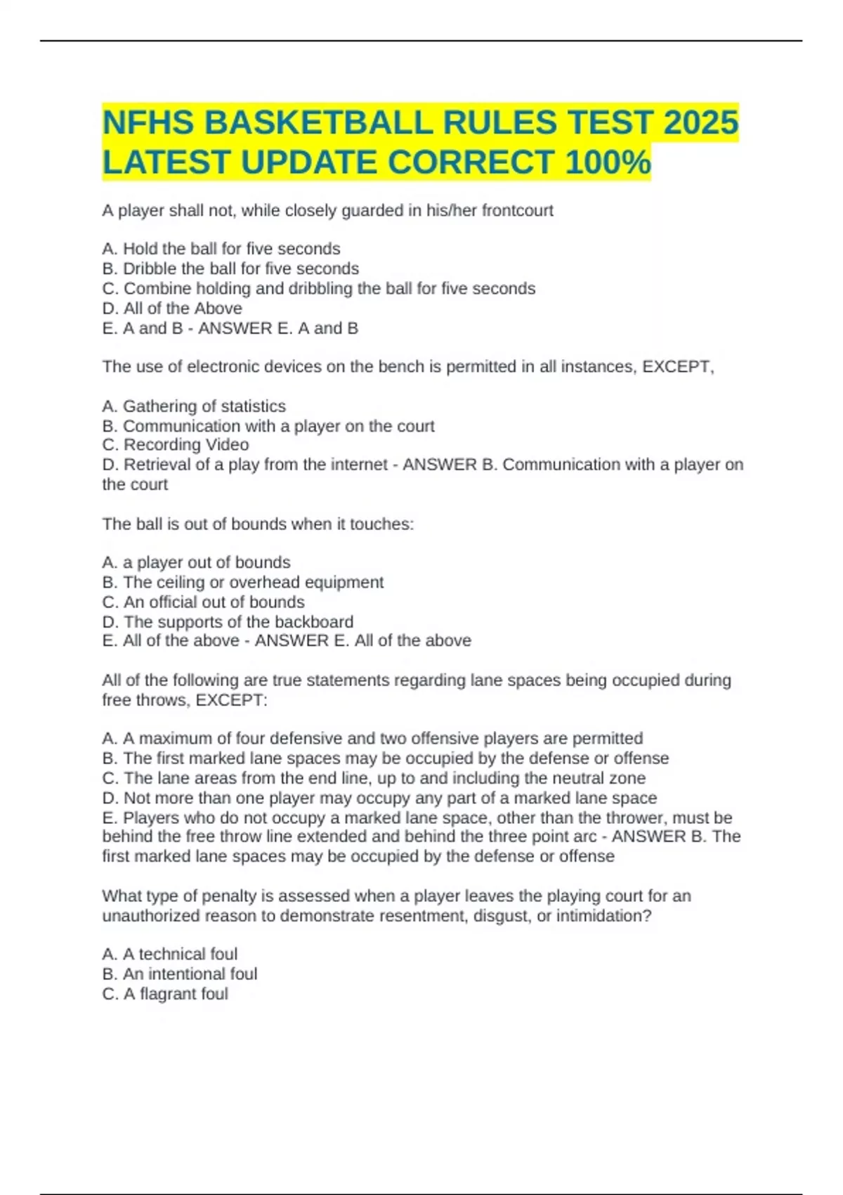 NFHS BASKETBALL RULES TEST 2025 LATEST UPDATE CORRECT 100% - NFHS ...