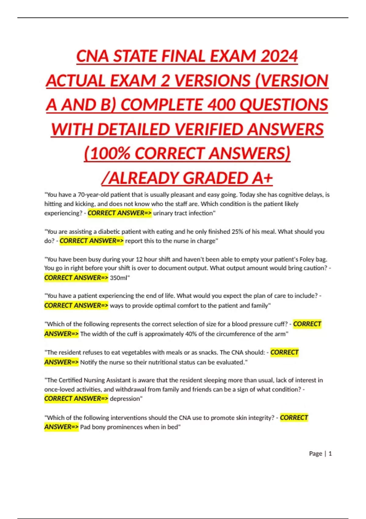 CNA STATE FINAL EXAM 2024 ACTUAL EXAM 2 VERSIONS (VERSION A AND B) COMPLETE 400 QUESTIONS WITH ...