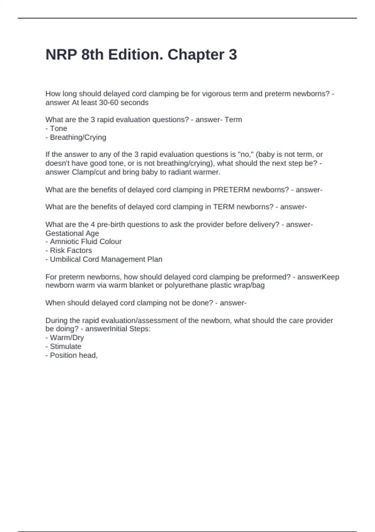 NRP 8th Edition. Chapter 3 Questions and Answers - NRP 8th Edition ...