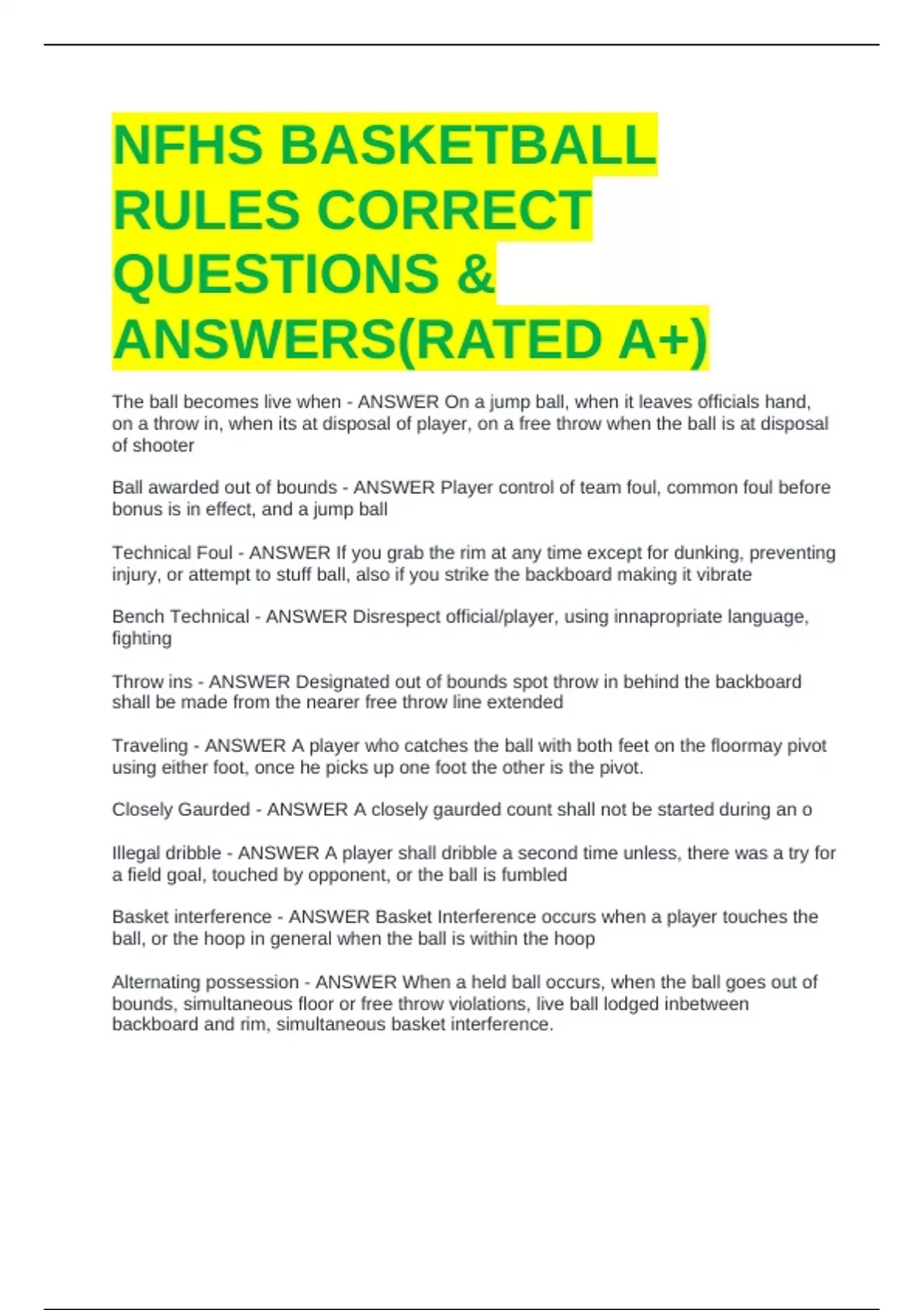 NFHS BASKETBALL RULES CORRECT QUESTIONS & ANSWERS(RATED A+) - NFHS ...