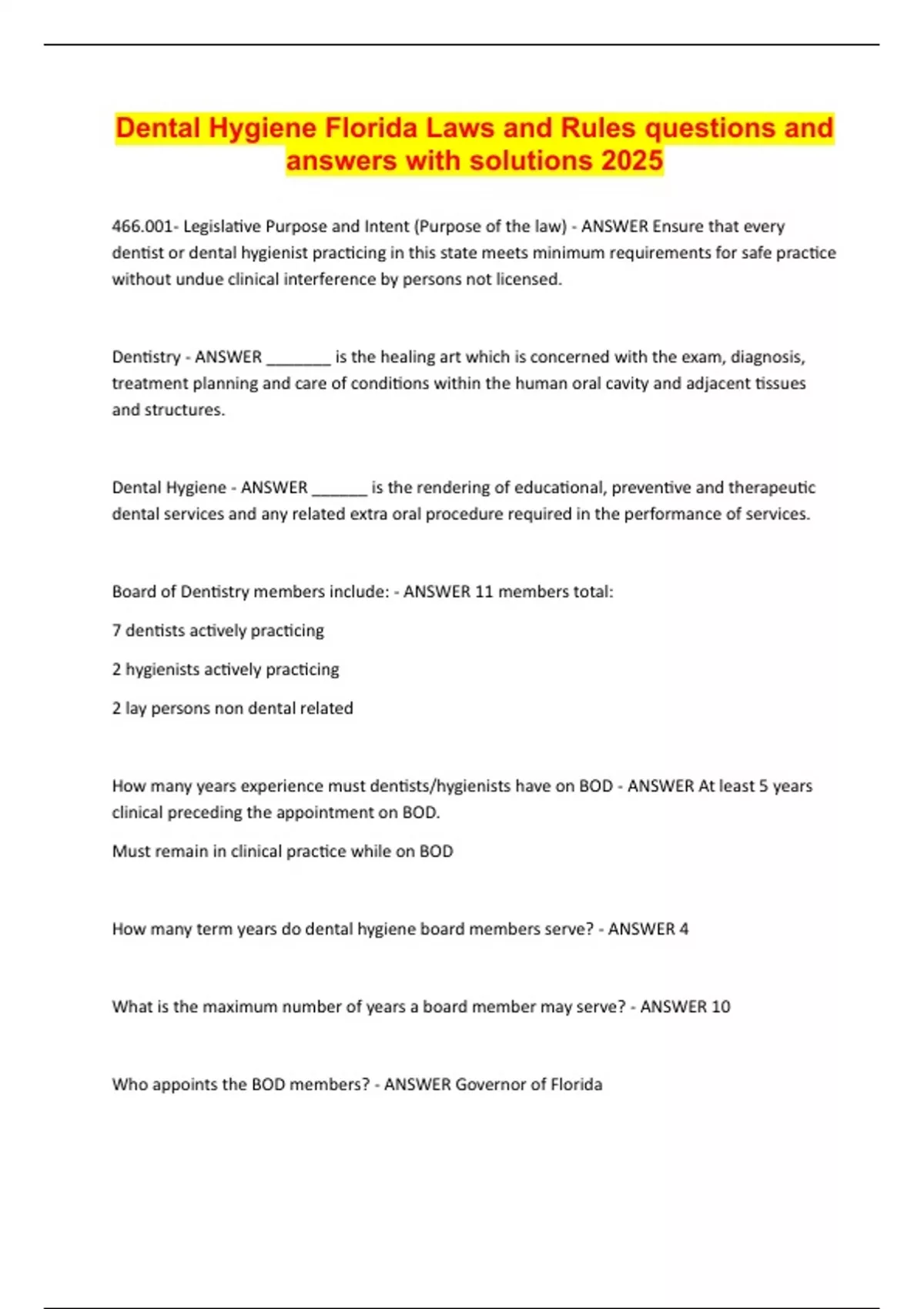 Dental Hygiene Florida Laws and Rules questions and answers with ...