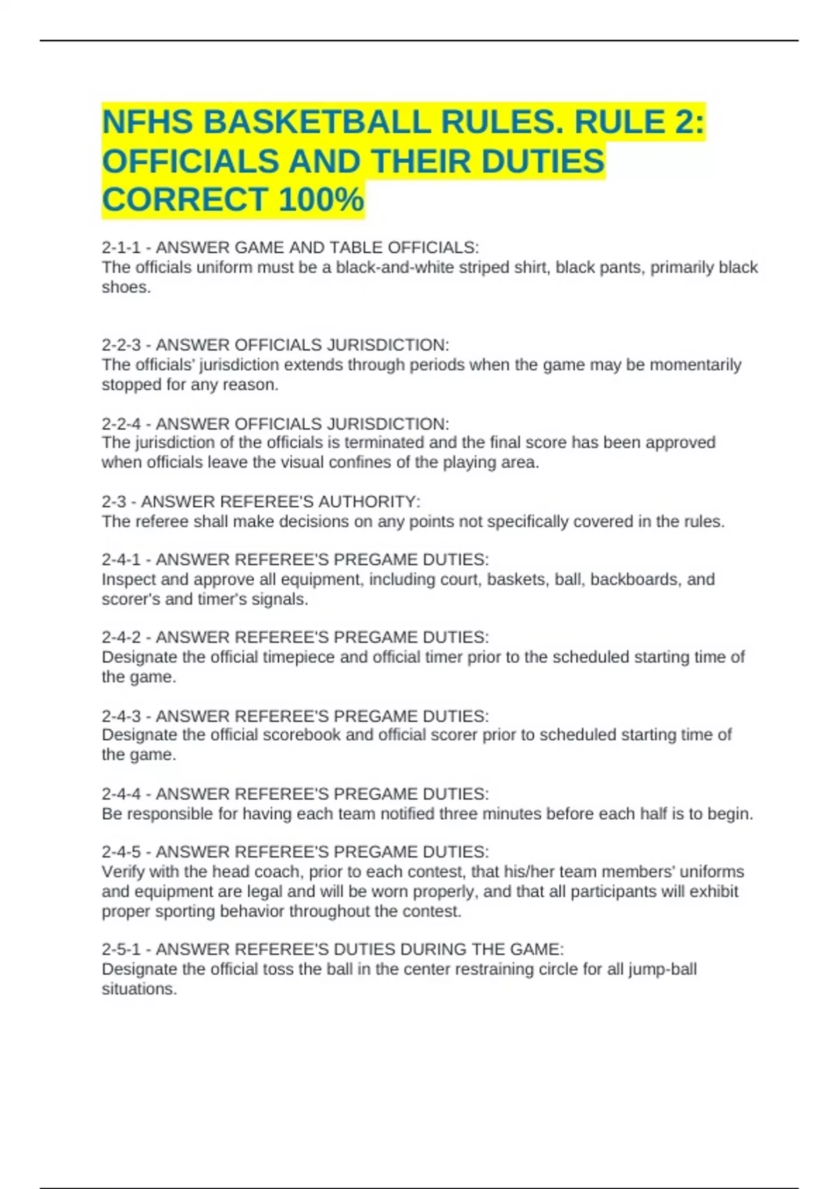 NFHS BASKETBALL RULES. RULE 2: OFFICIALS AND THEIR DUTIES CORRECT 100% - NFHS BASKETBALL - Stuvia US