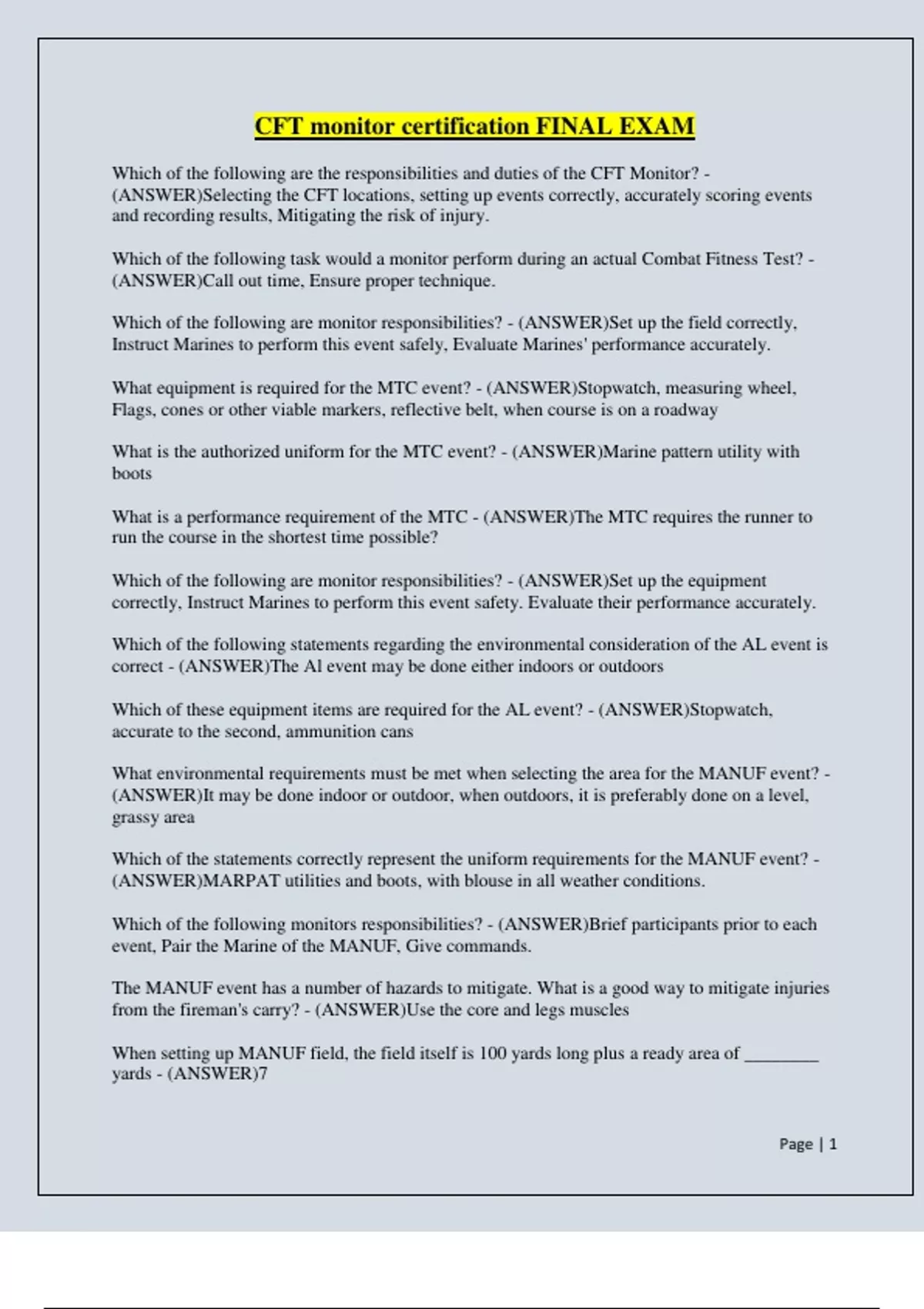 CFT monitor certification FINAL EXAM - CFT monitor certification - Stuvia US