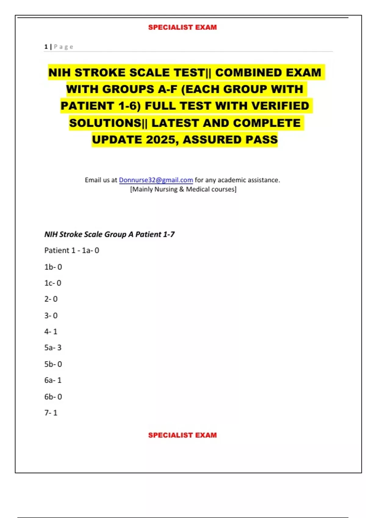 NIH STROKE SCALE TEST|| COMBINED EXAM WITH GROUPS A-F (EACH GROUP WITH ...