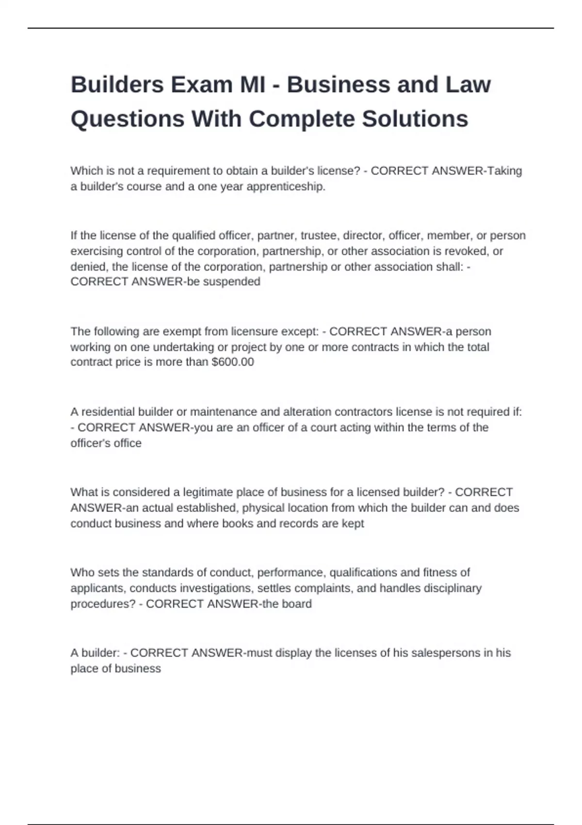 Builders Exam MI - Business and Law Questions With Complete Solutions ...