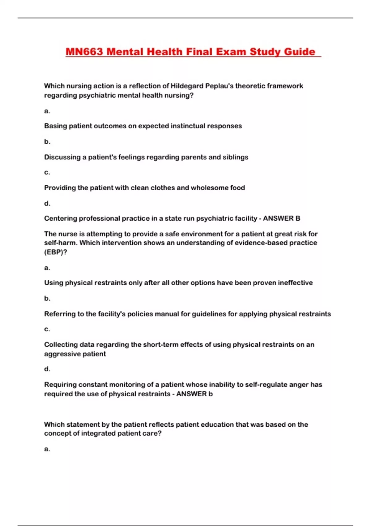 MN663 Mental Health Final Exam Study Guide - MN663 - Stuvia US