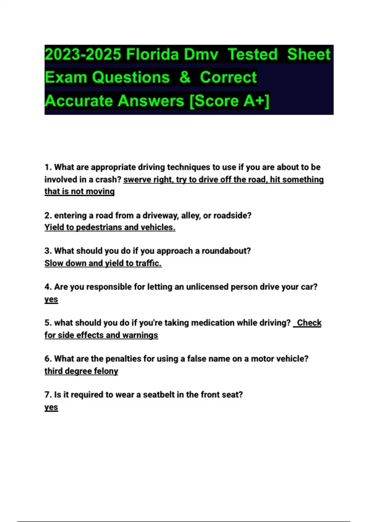 Florida Dmv Tested Sheet Exam Questions & Correct Accurate Answers ...