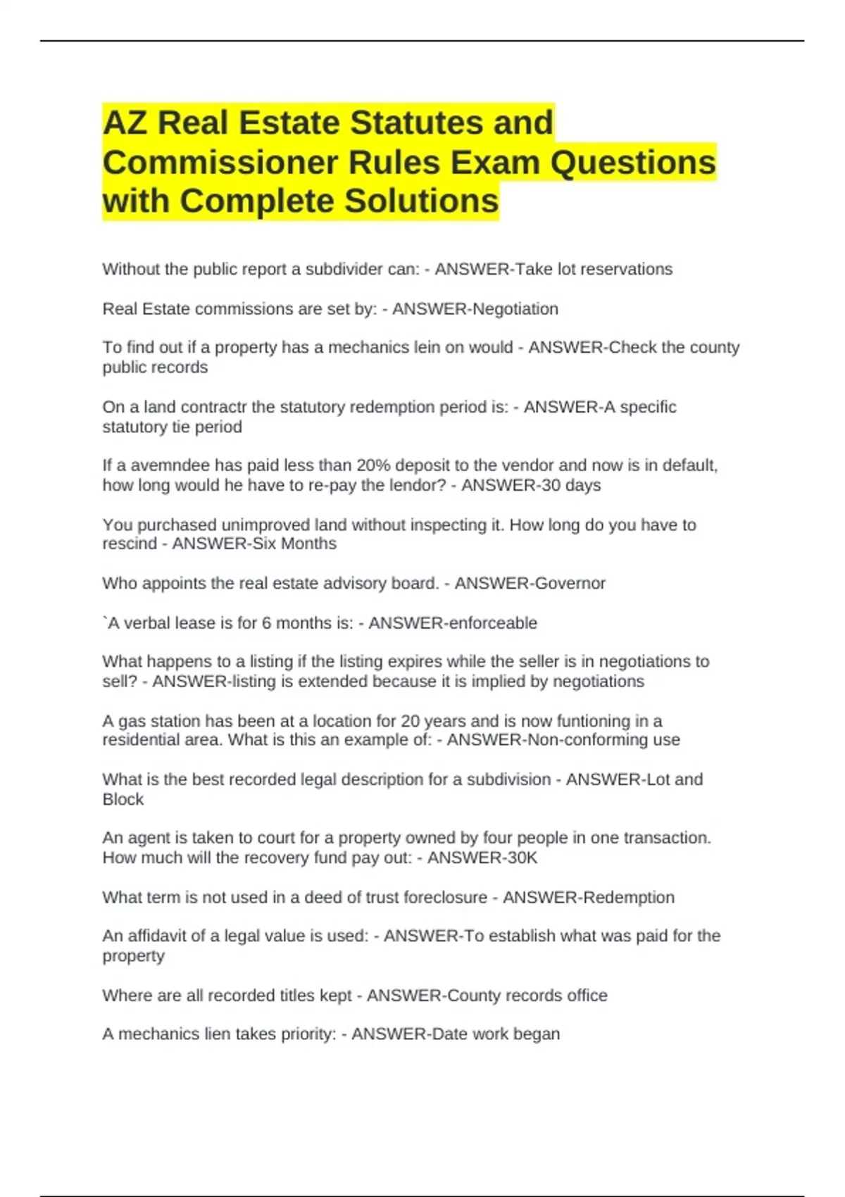 AZ Real Estate Statutes and Commissioner Rules Exam Questions with ...