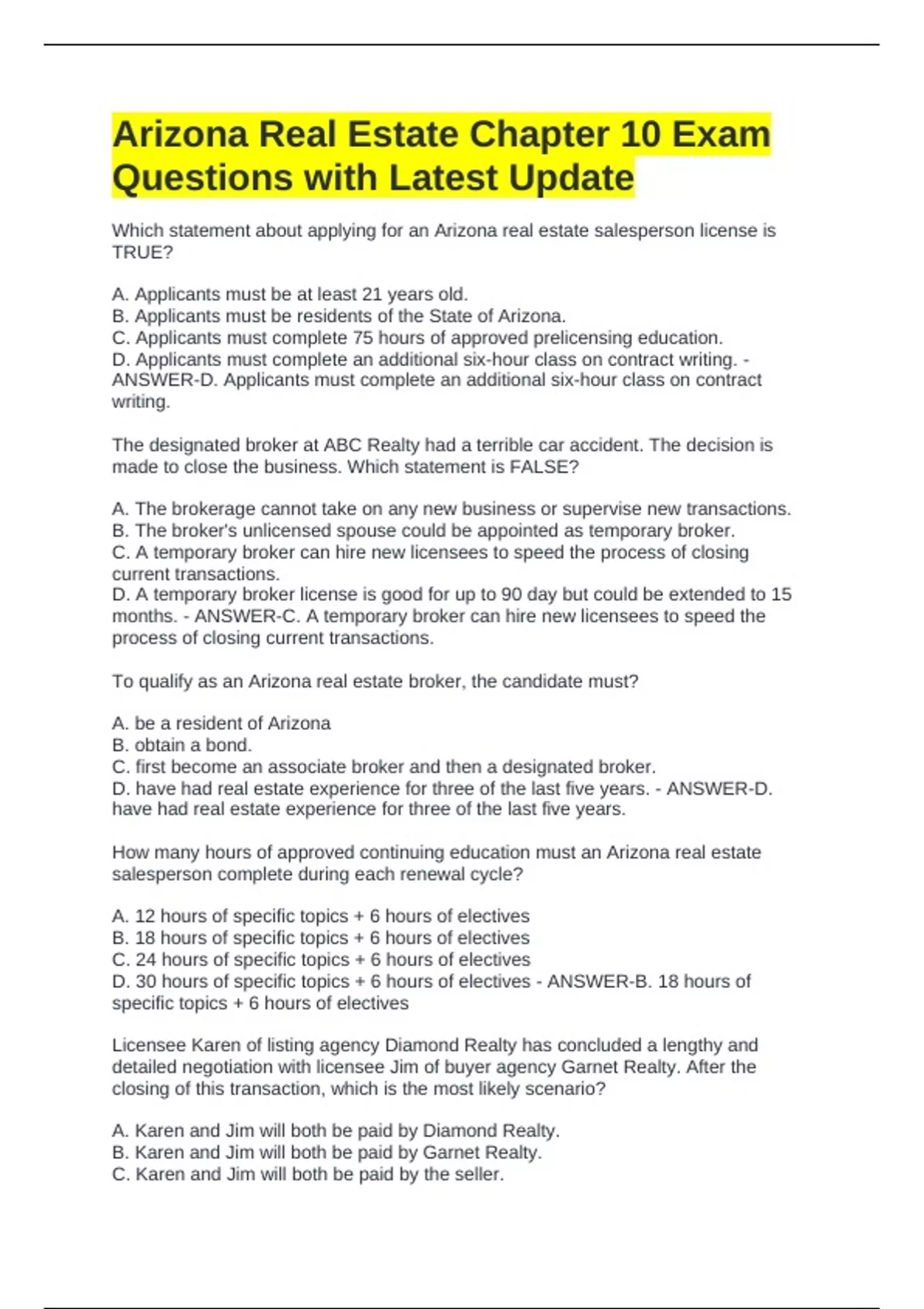 Arizona Real Estate Chapter 10 Exam Questions with Latest Update ...