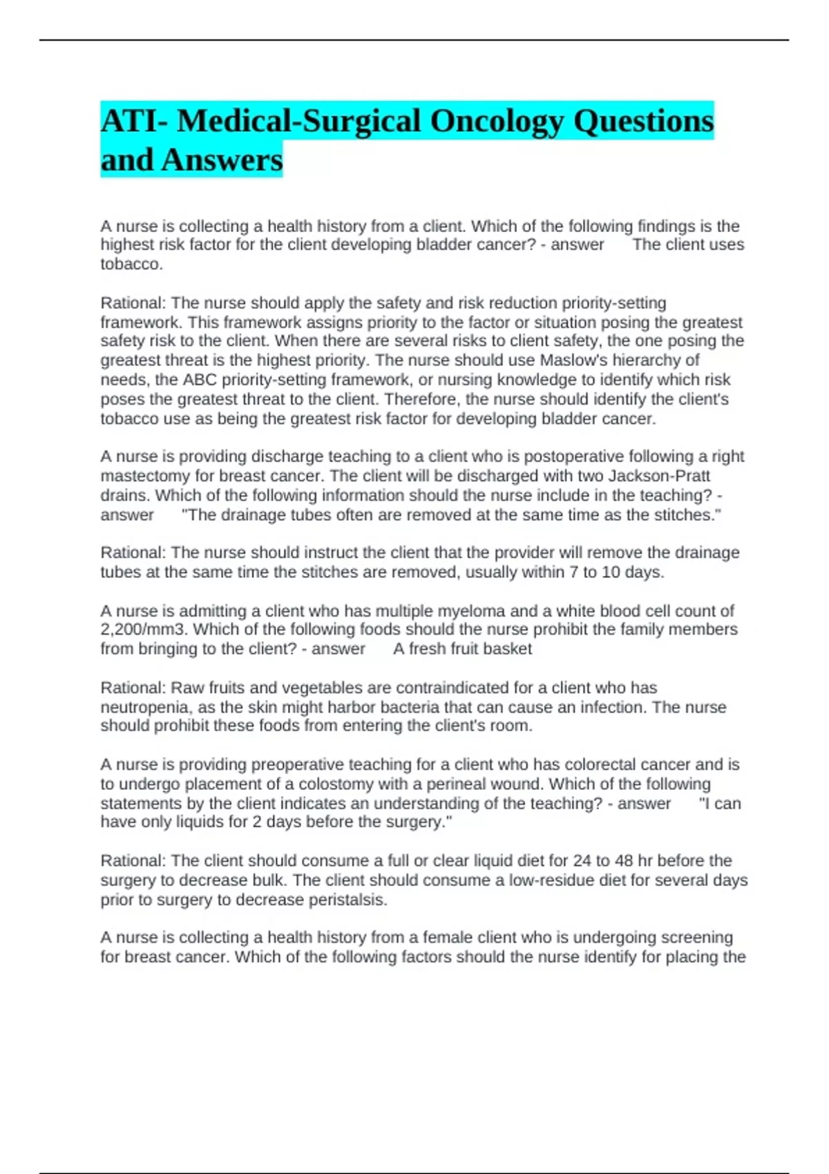 ATI- Medical-Surgical Oncology Questions and Answers - ATI MEDICAL ...