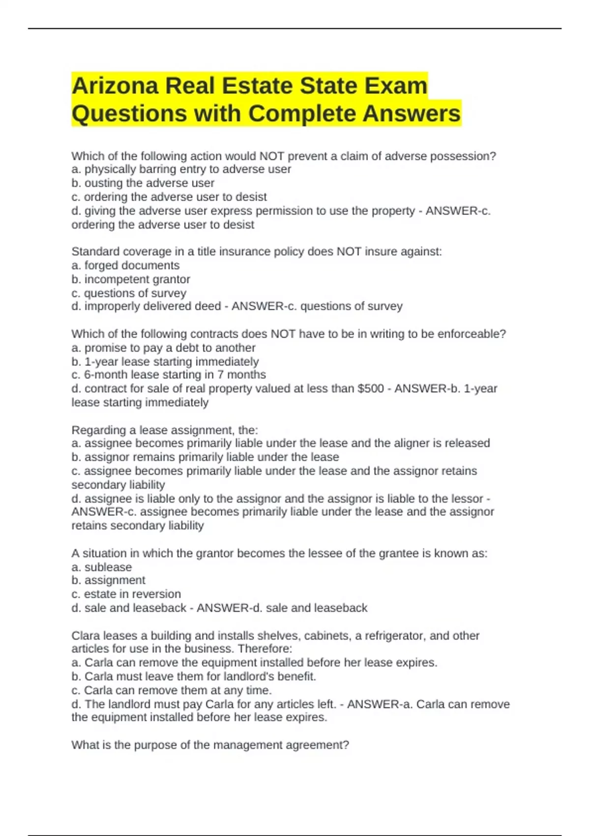 Arizona Real Estate State Exam Questions with Complete Answers ...