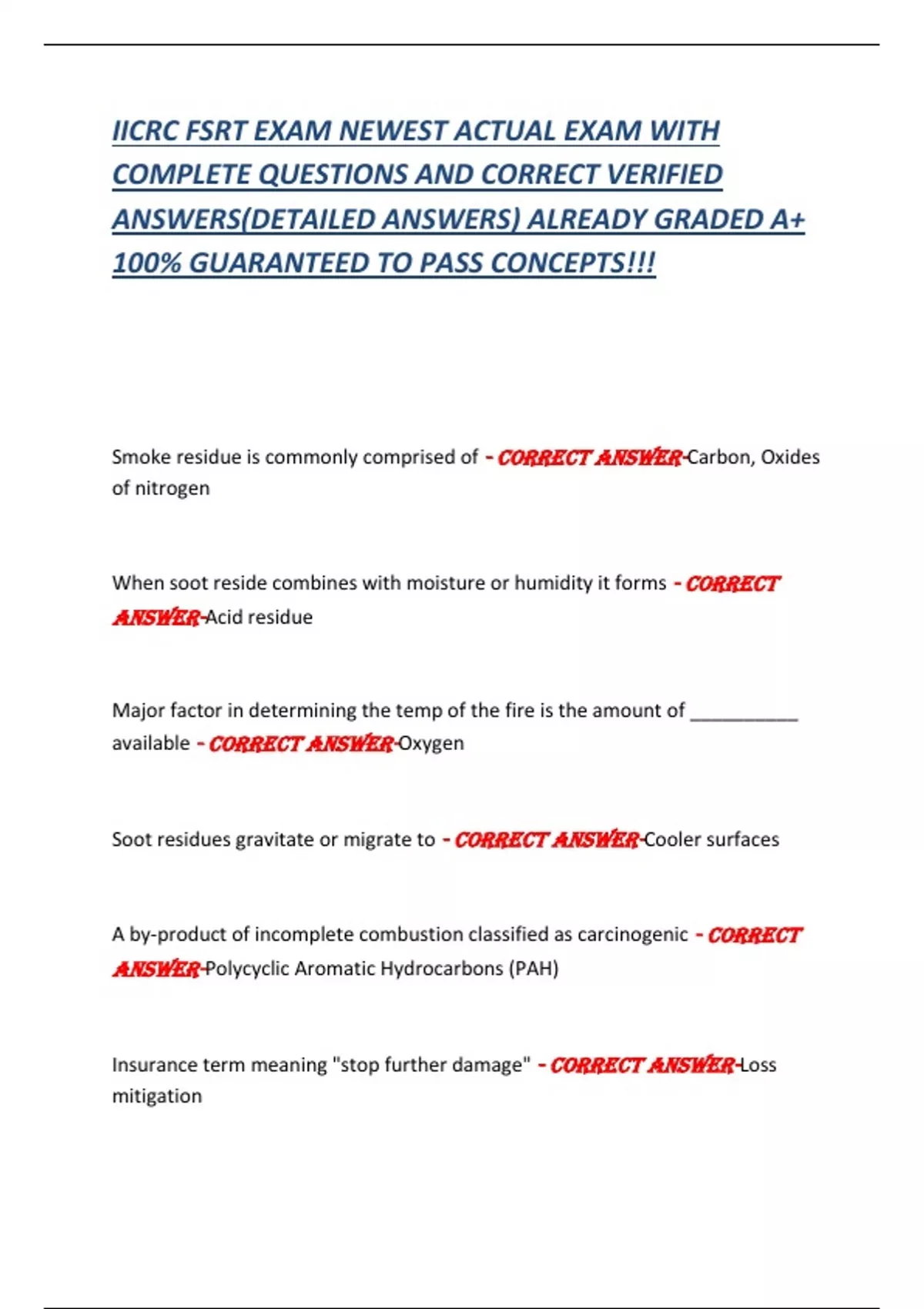 IICRC FSRT EXAM NEWEST ACTUAL EXAM WITH COMPLETE QUESTIONS AND CORRECT ...