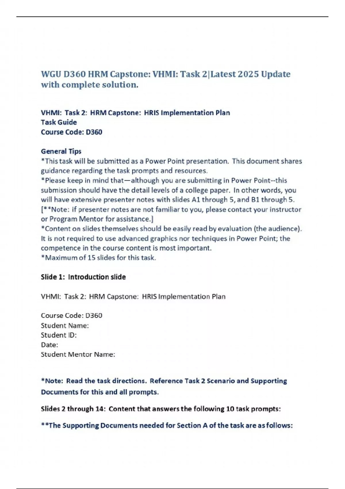 WGU D360 HRM Capstone: VHMI: Task 2 Guide 2025 Update with complete ...