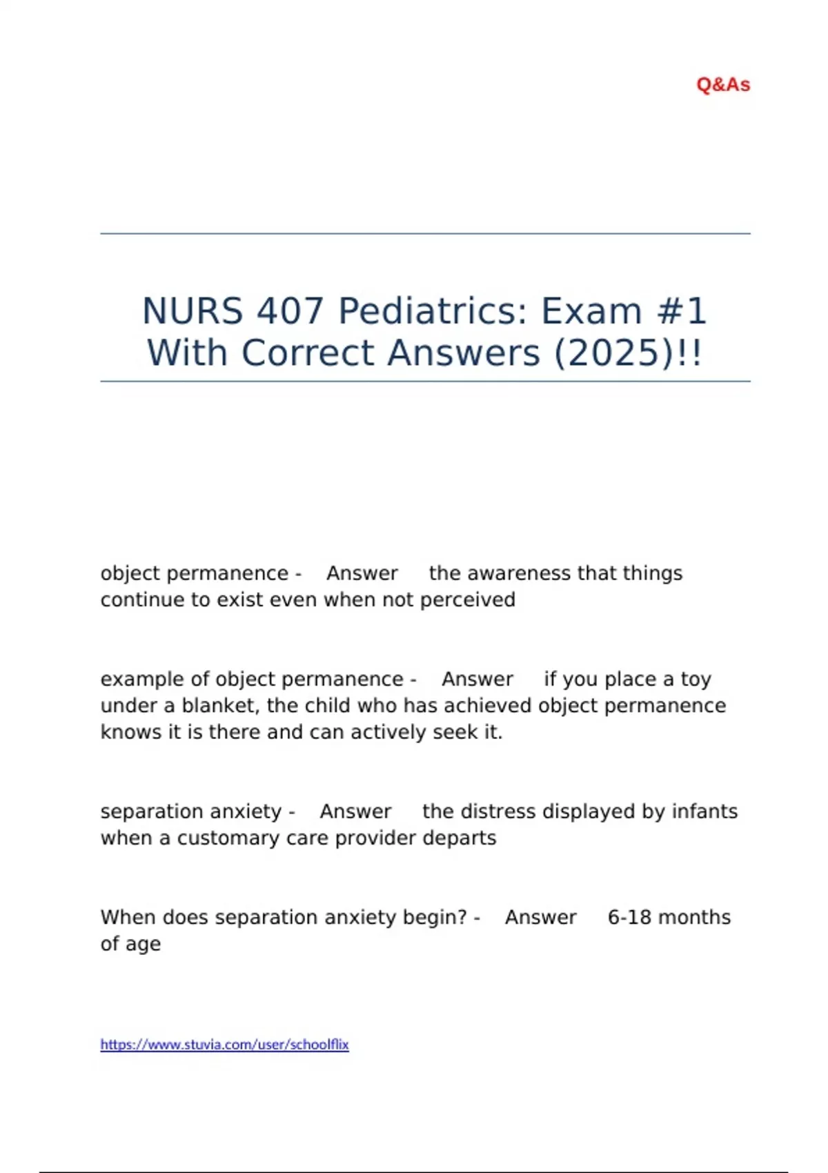 NURS 407 Pediatrics Exam -1 With Correct Answers (2025)!! - NURS 407 - Stuvia US