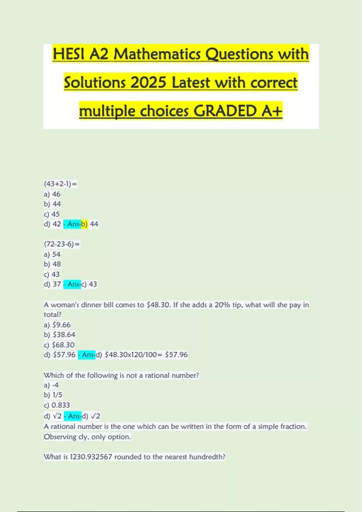 HESI A2 Math Questions with multiple choices Complete 2025 GRADED A+ ...