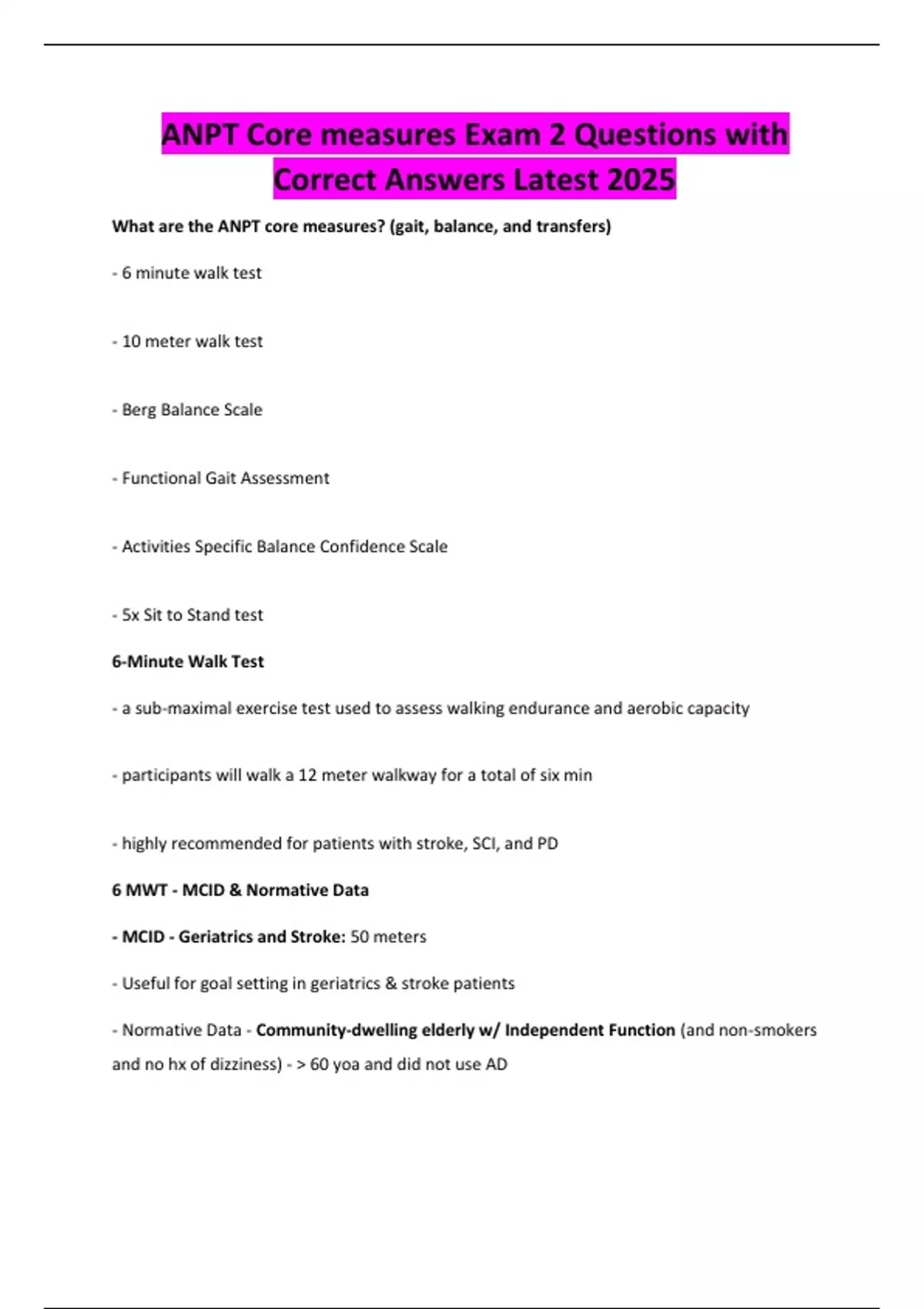 ANPT Core measures Exam 2 Questions with Correct Answers Latest 2025 ...