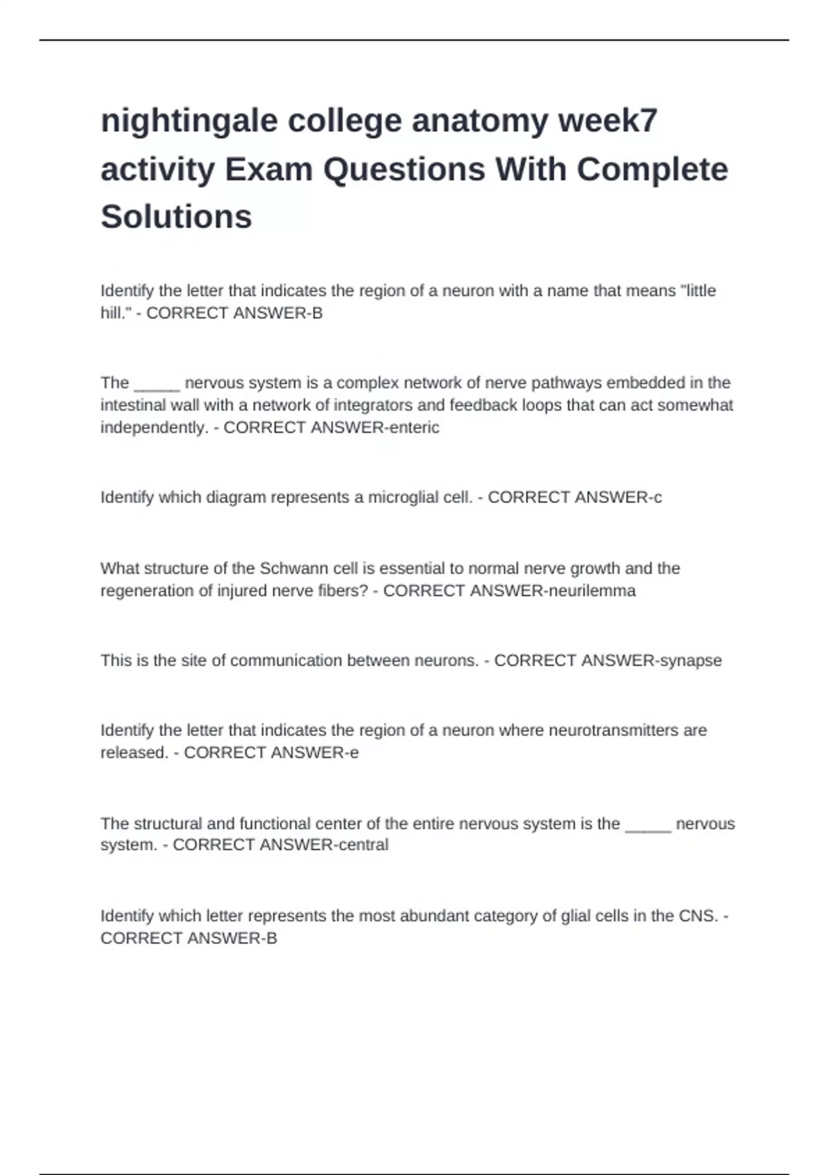 nightingale college anatomy week7 activity Exam Questions With Complete ...