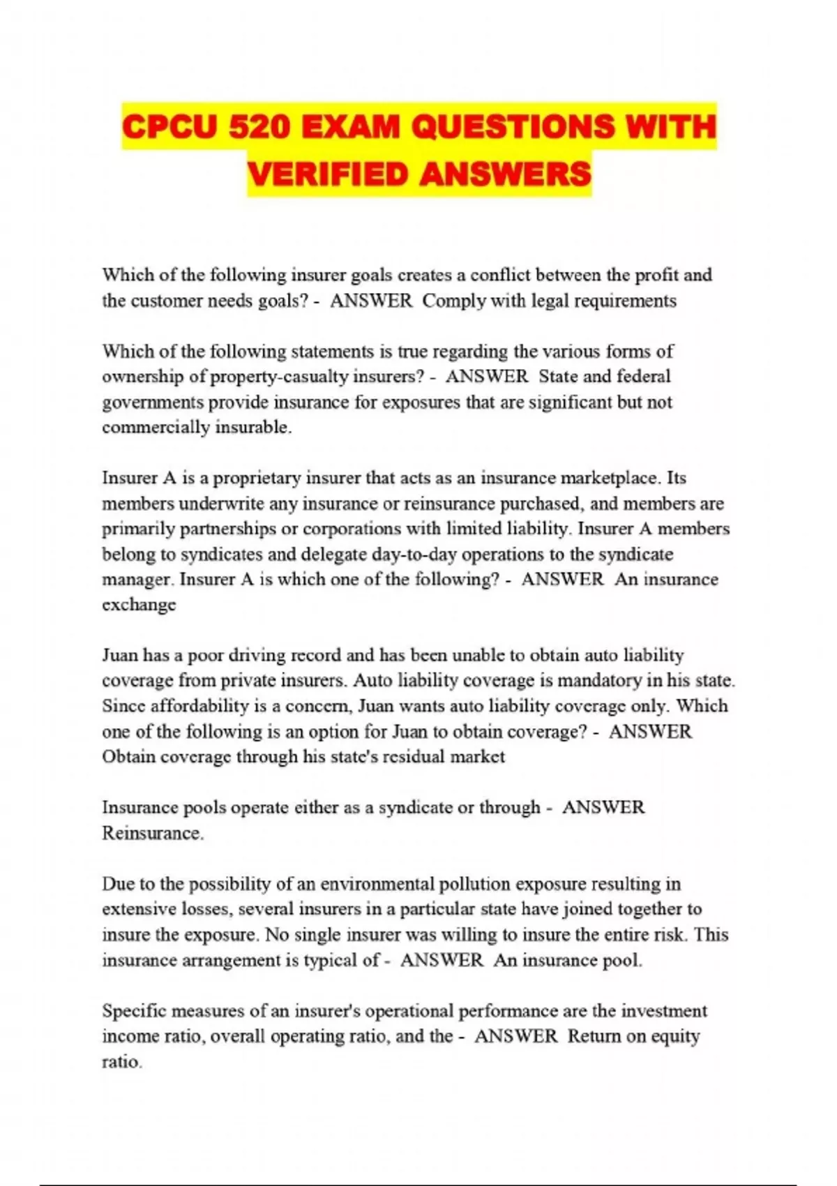CPCU 520 FINAL EXAM QUESTIONS AND ANSWERS - CPCU 520 - Stuvia US